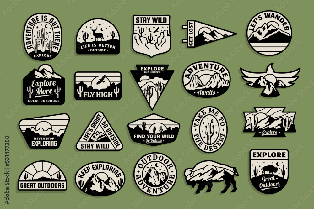 Set of vector outdoor adventure badges. Graphics for t-shirt prints ...