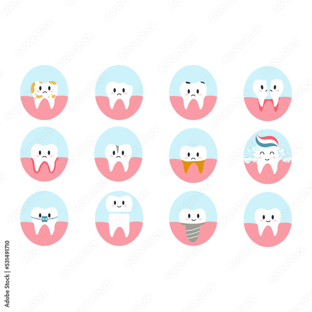 Set of teeth characters in cartoon flat style. Vector illustration of ...