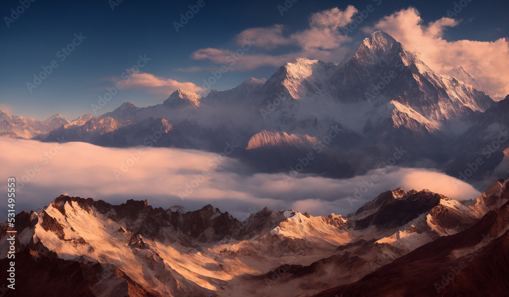 Sunset view of the Himalayas near the Himalayan mount mt Everest ...