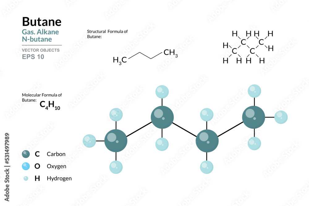 Butane. Gas. Structural Chemical Formula and Molecule 3d Model. C4H10 ...
