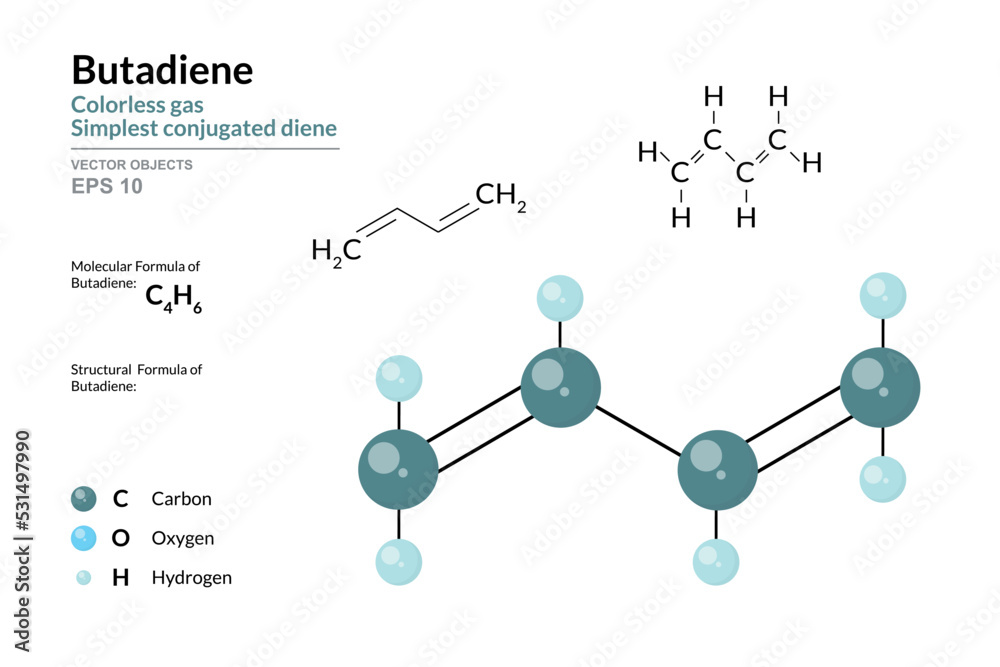 Butadiene. Gas. Structural Chemical Formula and Molecule 3d Model. C4H6 ...