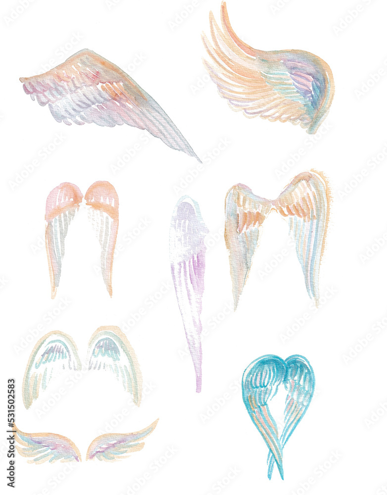 set of hand drawn illustrations with wings. Sweet and holly wings of ...
