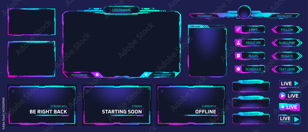 Game stream frames. Glow theme for live conference of gaming streamers, hud frame twitch ...