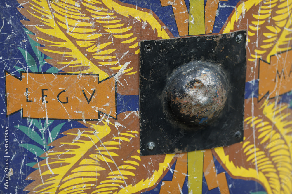 Details with an ancient Roman soldier's shield during a historic ...