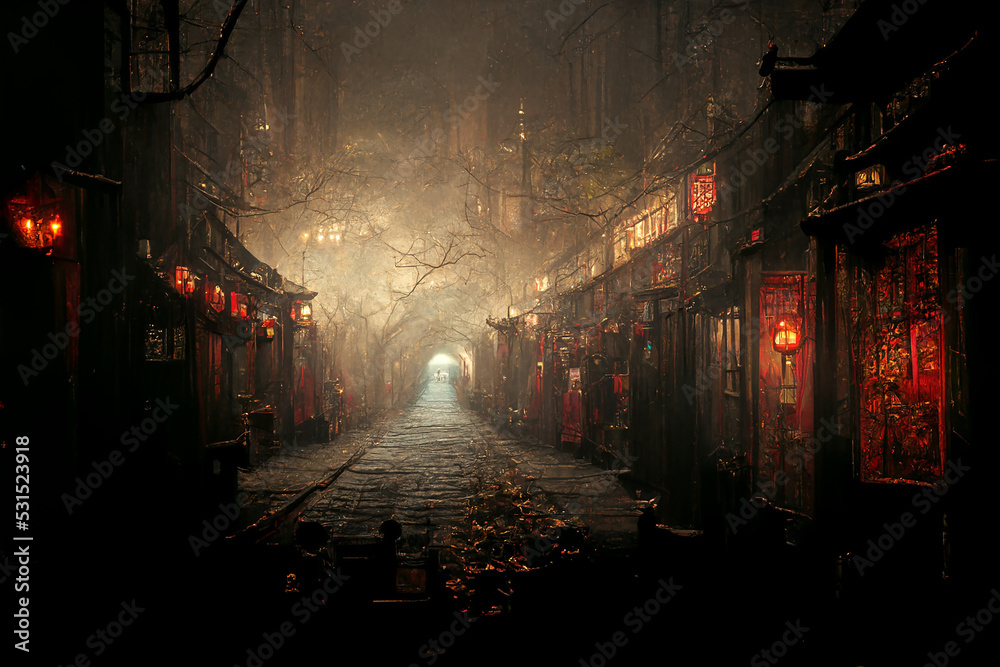 Spooky Night Old Street of Chinatown District 3D Art Mystic Fantasy ...