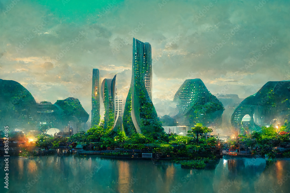 Stock-Illustration „Environmental Friendly Sci-Fi City Skyline on Coast ...