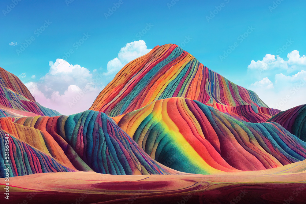 Rainbow mountains, Zhangye Danxia geopark, China, anime style, webtoon ...