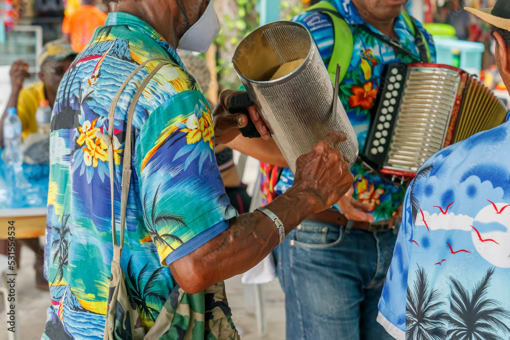 Dominican Republic. The beach musician plays the guiro. Merengue music ...