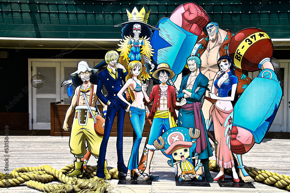 One Piece Photographs of members of the Straw Hat Pirates from Japanese manga and animation One Piece at Nagasaki Huis Ten Bosch. Adobe Stock