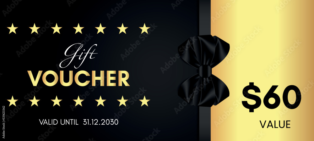 60 Dollar value gift voucher template design with black bow and gold ...