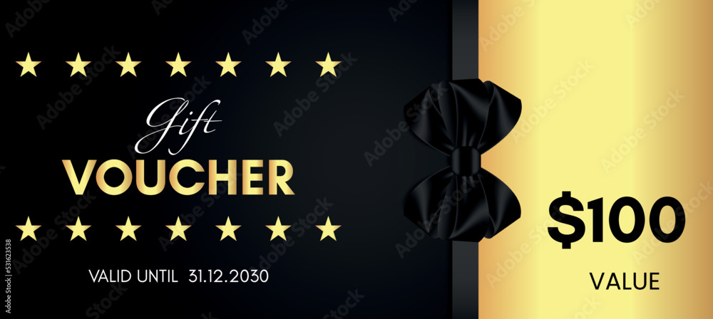 100 Dollar value gift voucher template design with black bow and gold ...