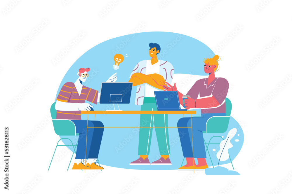 Teamwork blue concept with people scene in the flat cartoon design ...