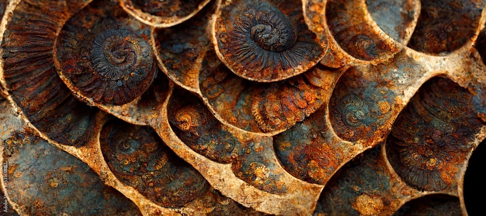 Elaborate and unique calcified ammonite sea shell spirals embedded into ...