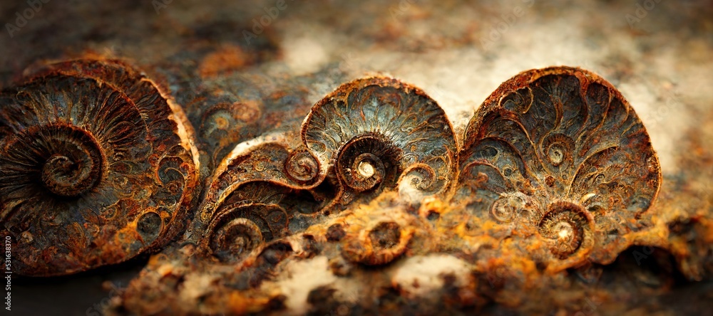 Elaborate and unique calcified ammonite sea shell spirals embedded into ...