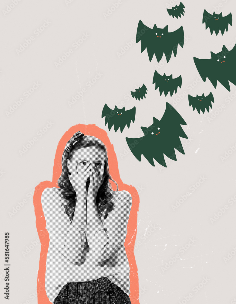 Contemporary art collage. Young girl standing in fear and covering face ...