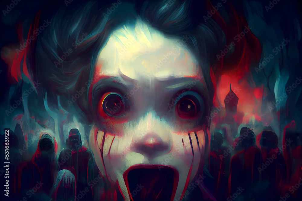 creepy fantastic nightmare alien creatures around screaming woman face ...
