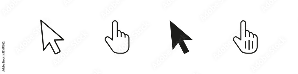Cursor icon. Vector arrow pointer. Computer mouse click sign. Isolated web cursor set. Hand with ...
