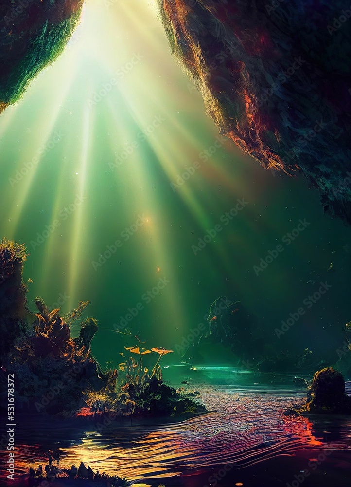 Hyper-realistic illustration of an underground pond with the green ...