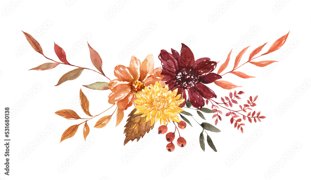 Fall floral bouquet. Watercolor hand-painted autumn flowers and tree ...