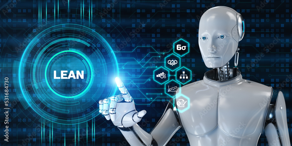 Lean manufacturing development concept. Robot pressing button on screen 3d render. Stock ...
