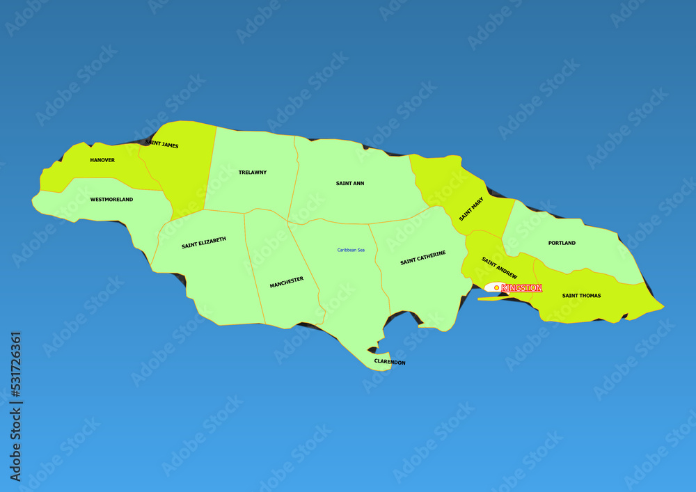 Administrative and political colored vector Map of Jamaica with colourful regions and Capital ...