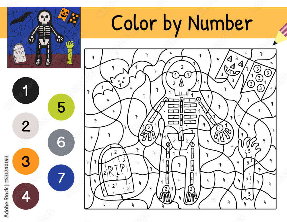 Halloween color by number game for kids with a skeleton. Spooky ...