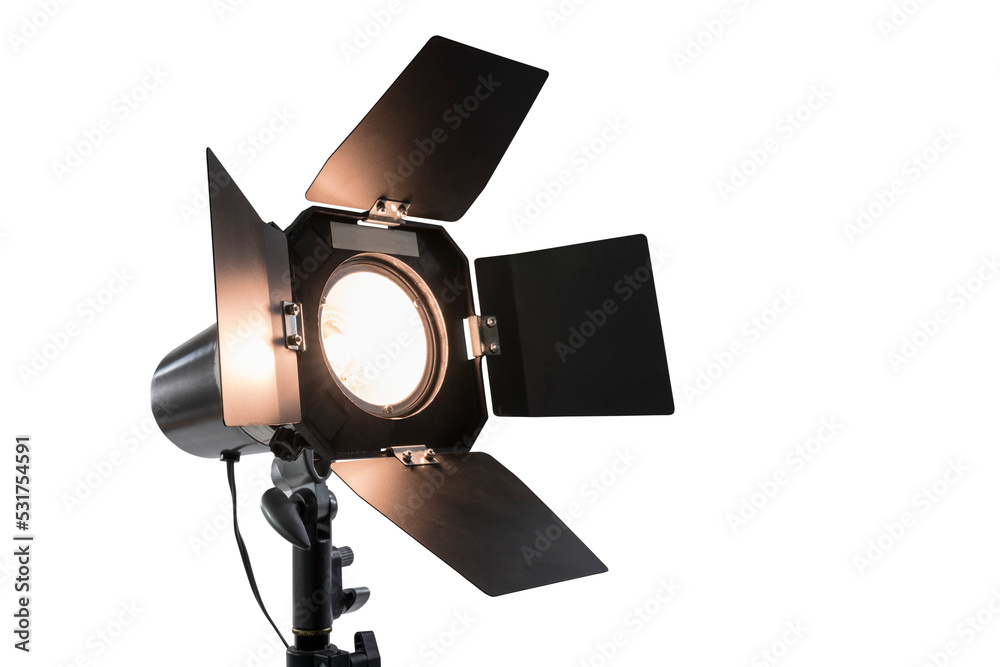 Glowing studio strobe light with barn doors isolated. Stock Photo ...