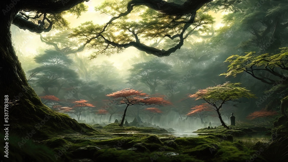 Dark Japanese garden with big old trees, Japanese forest, park. Fantasy ...