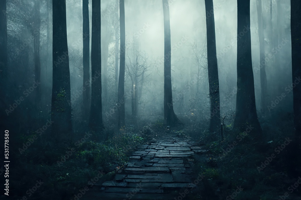 Raster illustration of spooky tile road in night scary forest under ...