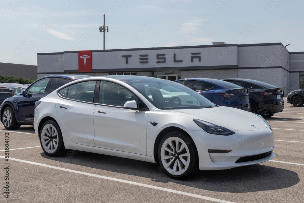 Tesla EV electric vehicles on display. Tesla products include electric ...