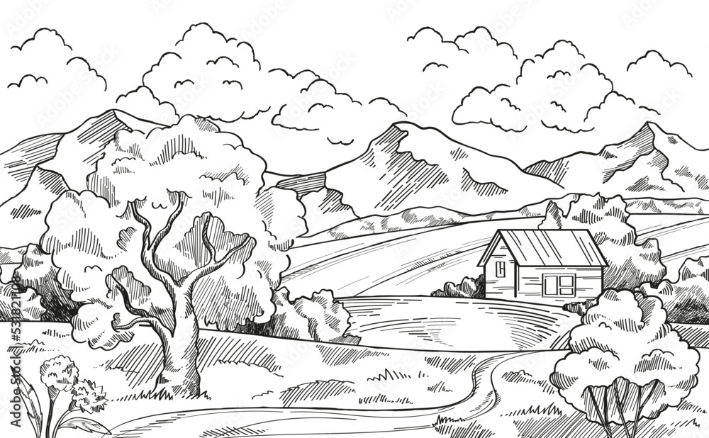 Vector de Stock Rural scenery landscape. Sketch with beautiful village ...