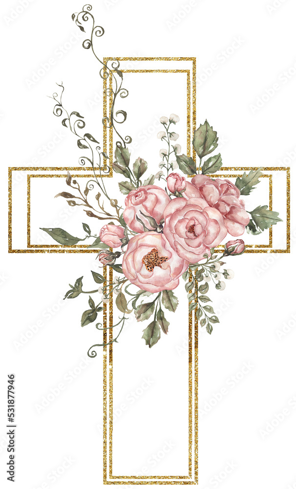 Ilustração Watercolor hand painted Floral Cross Clipart, Easter ...