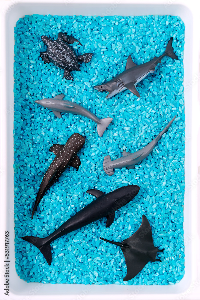 Foto de Stock Ocean sensory sorting activity. Blue colored rice in the ...