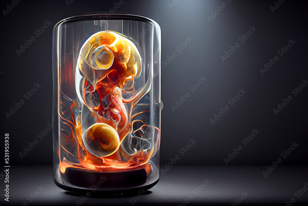 human baby embyo inside incubator breeding tank on gray background ...