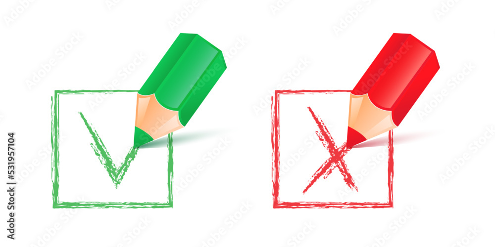 Pencil drawing Green tick and Red cross isolated on white background ...