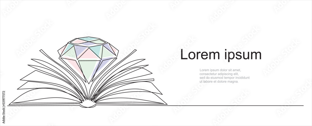 continuous one line drawing of diamond, brilliant and open book ...