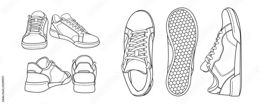 Set of hand drawn sneakers, gym shoes, top view. Image in different ...