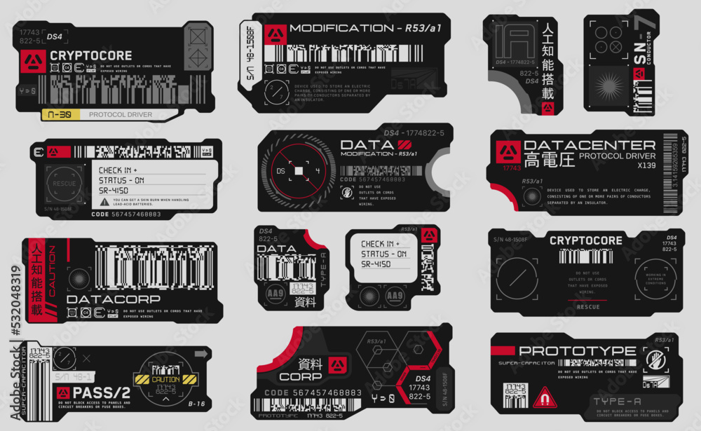 Cyberpunk decals set. Set of vector stickers and labels in futuristic ...
