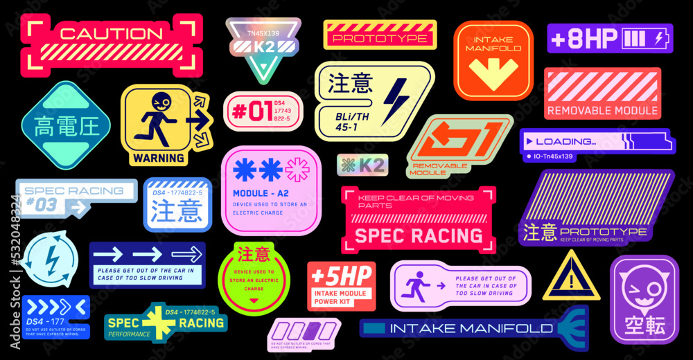 Cyberpunk decals set. Set of vector stickers and labels in futuristic ...