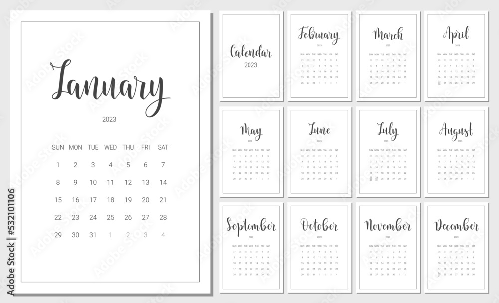 Vector Calendar Planner for 2023 Year. Handwritten lettering. Set of 12 ...