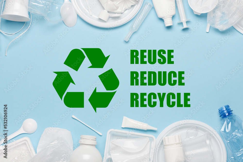 Recycling symbol with reuse reduce recycle slogan surrounded by single ...