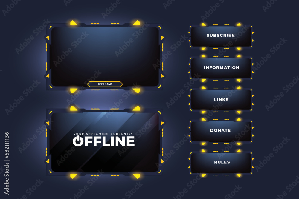 Stock-Vektorgrafik „Live streaming overlay design for gamers with dark ...
