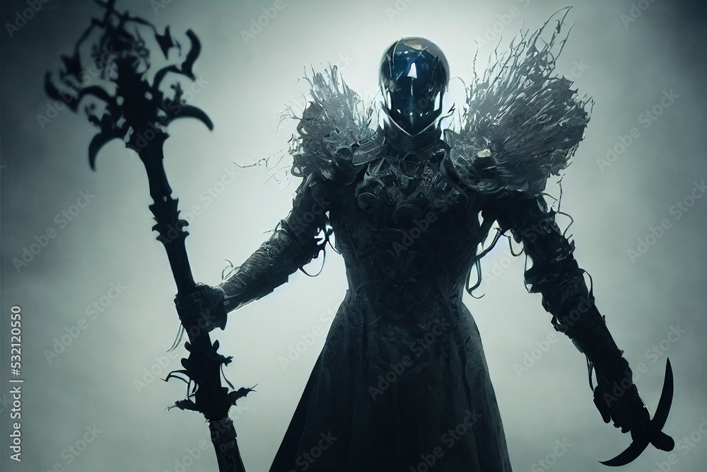 Angel of death wearing a medieval armour. Dark scary background with ...