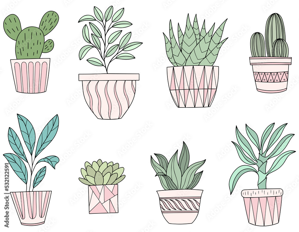 Hand drawn doodle. Houseplants collection. Png interior plants in pots ...
