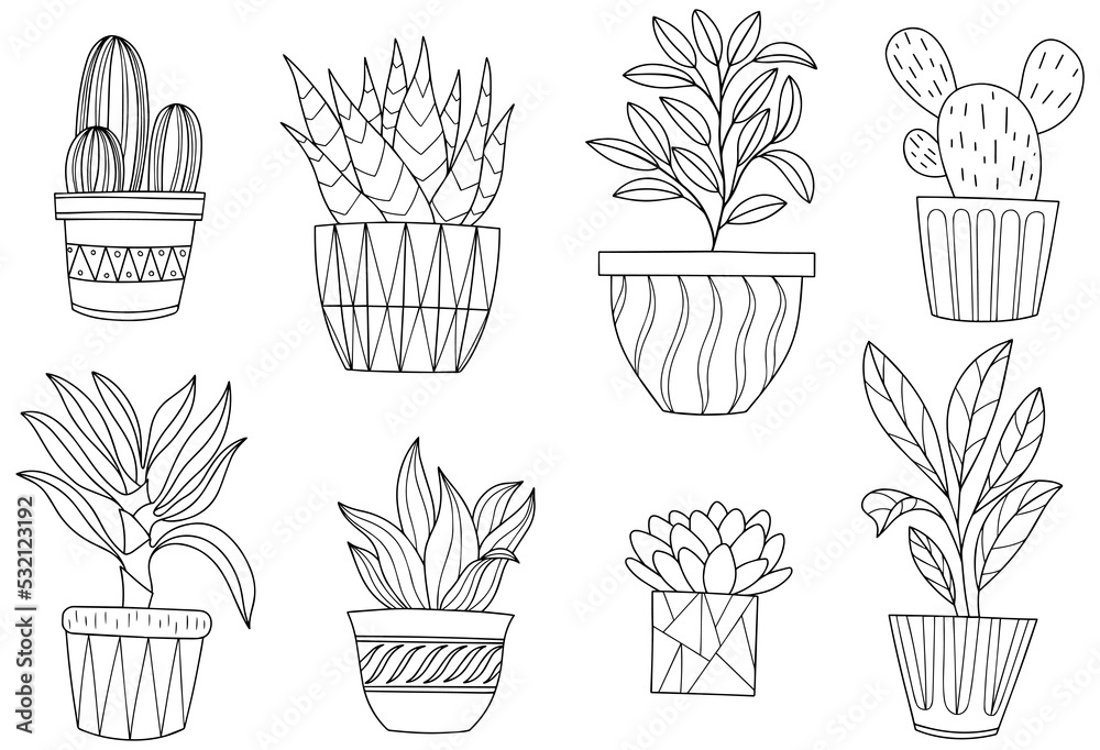 Hand drawn doodle. Houseplants collection. Png interior plants in pots ...