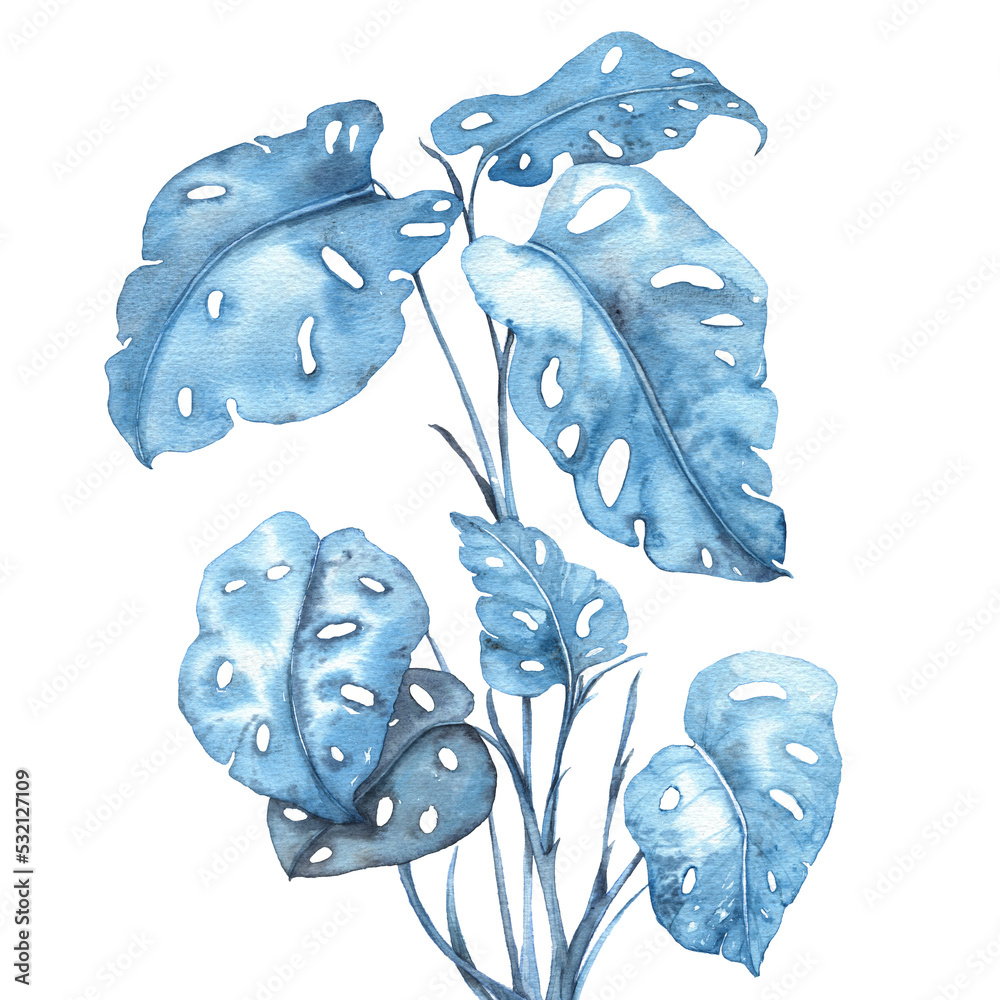 Vintage style watercolor illustration of Monstera plant in pot isolated ...