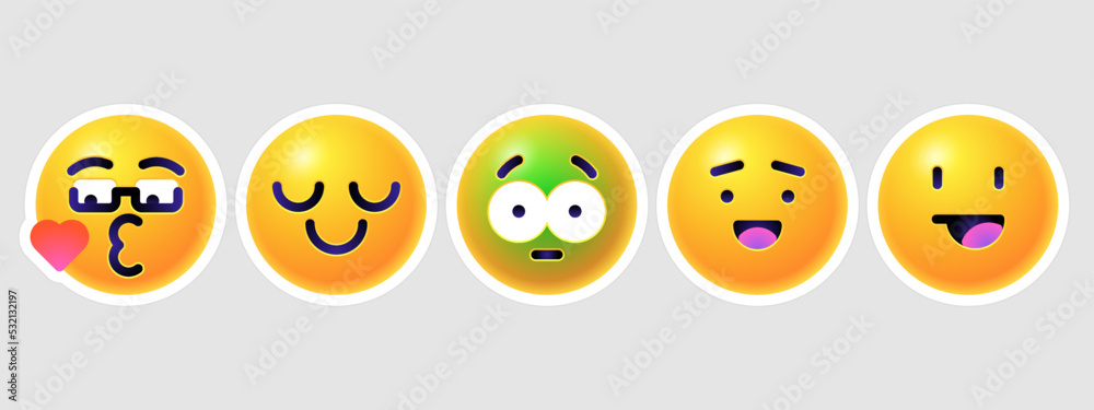 Round 3d emoticons set. Yellow Emoji faces emoticon smile, digital ...