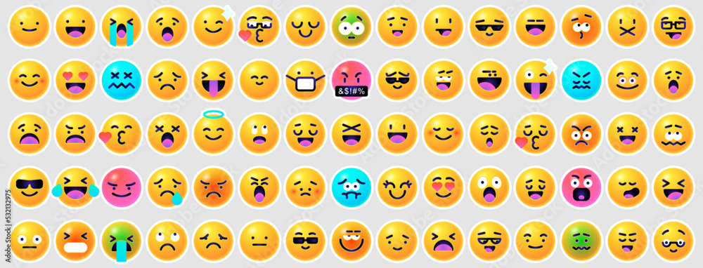 Round 3d emoticons set. Yellow Emoji faces emoticon smile, digital ...