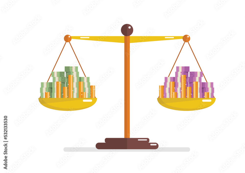 Comparison between two currency on balance scale Stock Vector | Adobe Stock