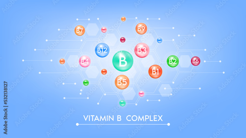 Vitamin B complex minerals. Multivitamins capsules on blue background ...